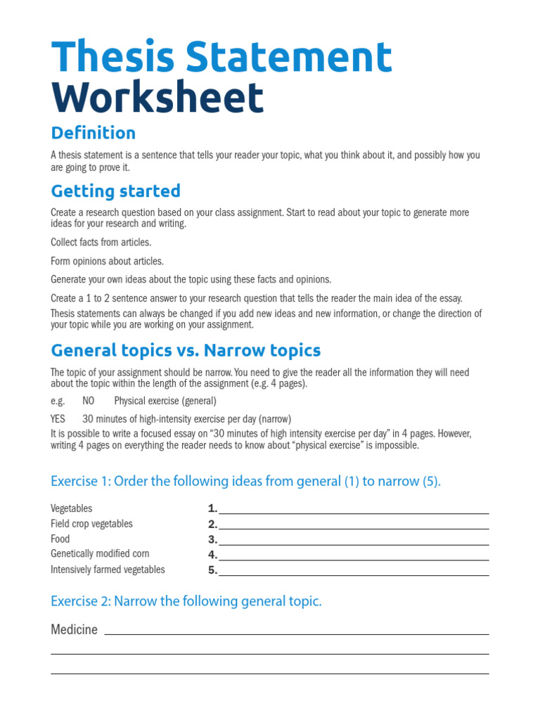 Thesis Statement Worksheet | PDF