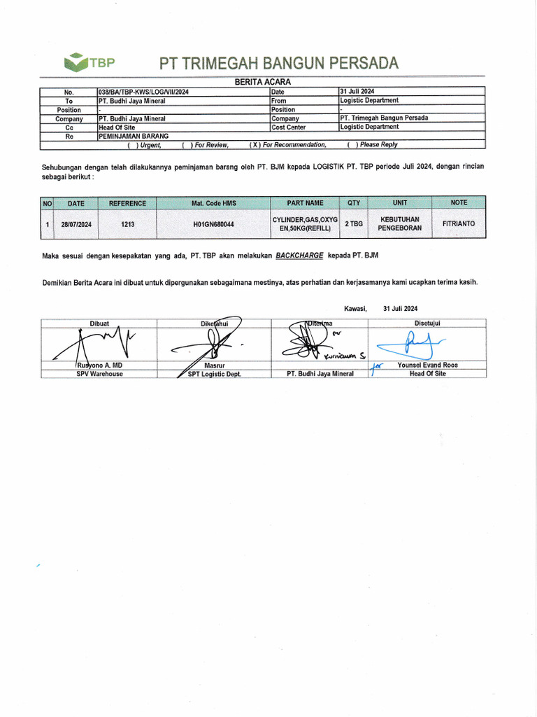 Ba 038 Backcharge Juli 2024 Pt. BJM | PDF