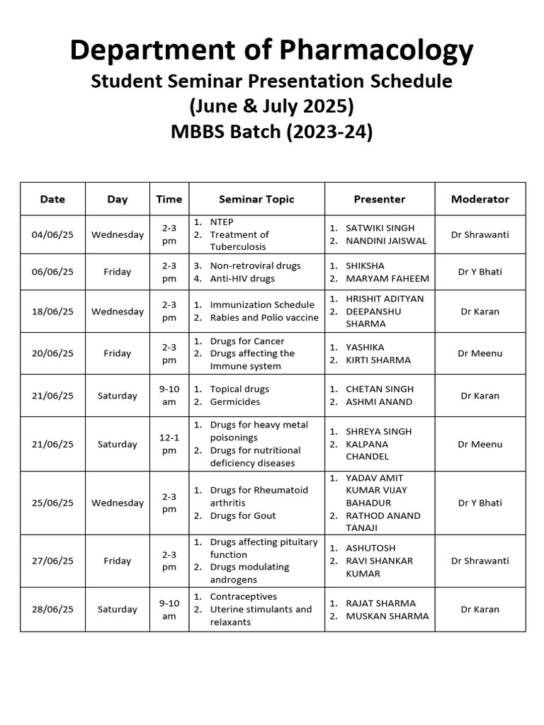 Student Seminar Presentation Schedule (June & July) - (MBBS 2023-24 ...