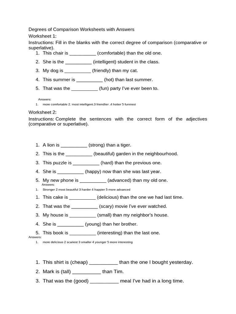 Degrees of Comparison Worksheets PDF | PDF