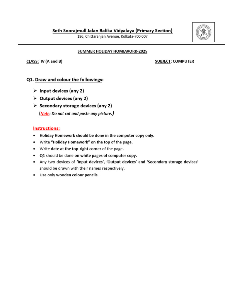 Computer-Class IV - Holiday Homework | PDF