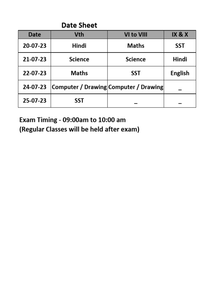 Date Sheet: Exam Timing - 09:00am To 10:00 Am (Regular Classes Will Be ...