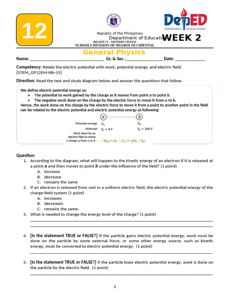 General-Physics2-12 Q3 W2 | PDF | Potential Energy | Force