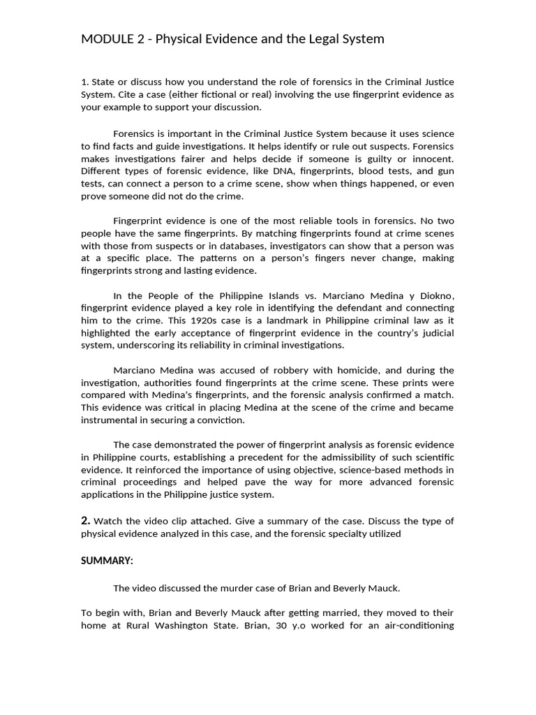 MODULE 2 - Physical Evidence and The Legal System | PDF | Forensic ...