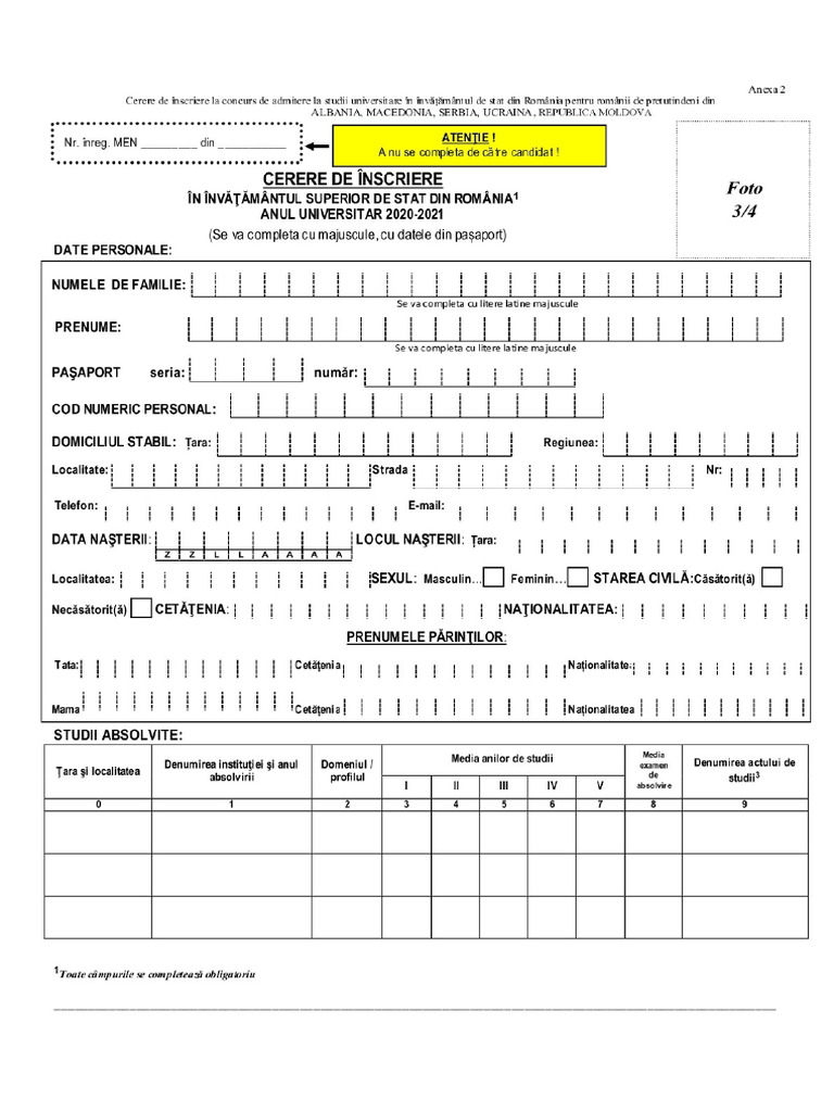 Anexa 2 Cerere de Inscriere 2020-2021 | PDF