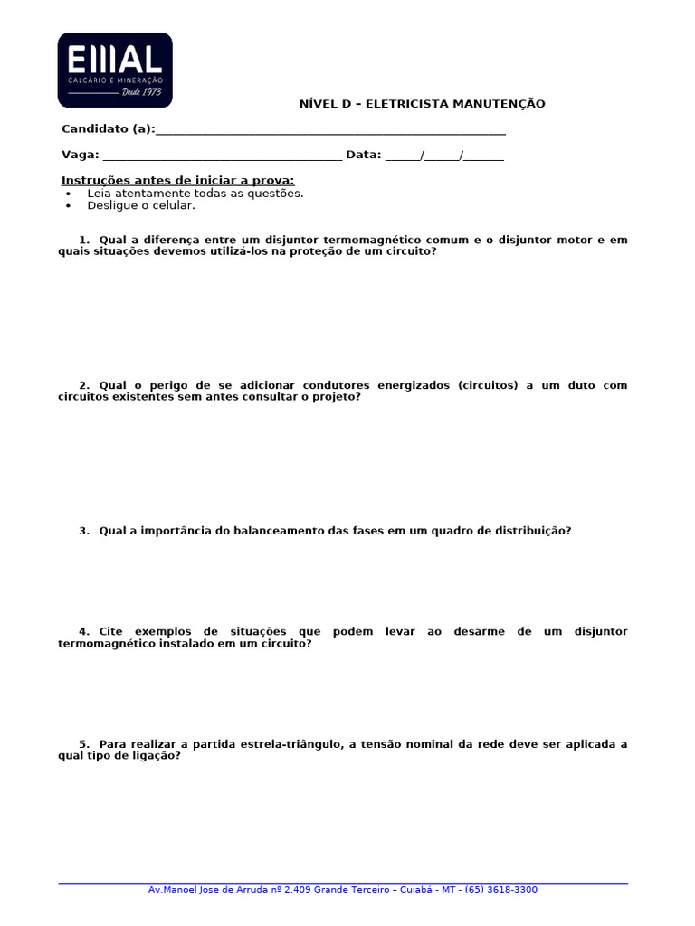 Prova Nivel D Eletricista 2023 | PDF | Rede elétrica | Potência (Física)