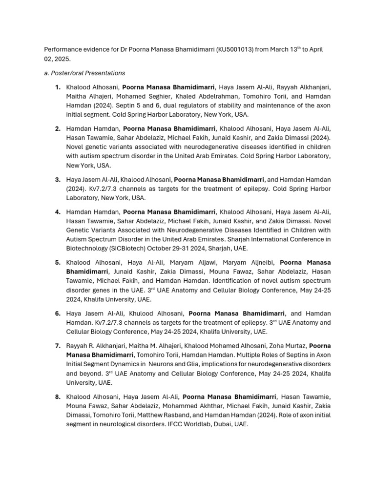 Performance Evidence For DR Poorna Manasa Bhamidimarri - Apr 2025 | PDF | Neuroscience | Nervous ...