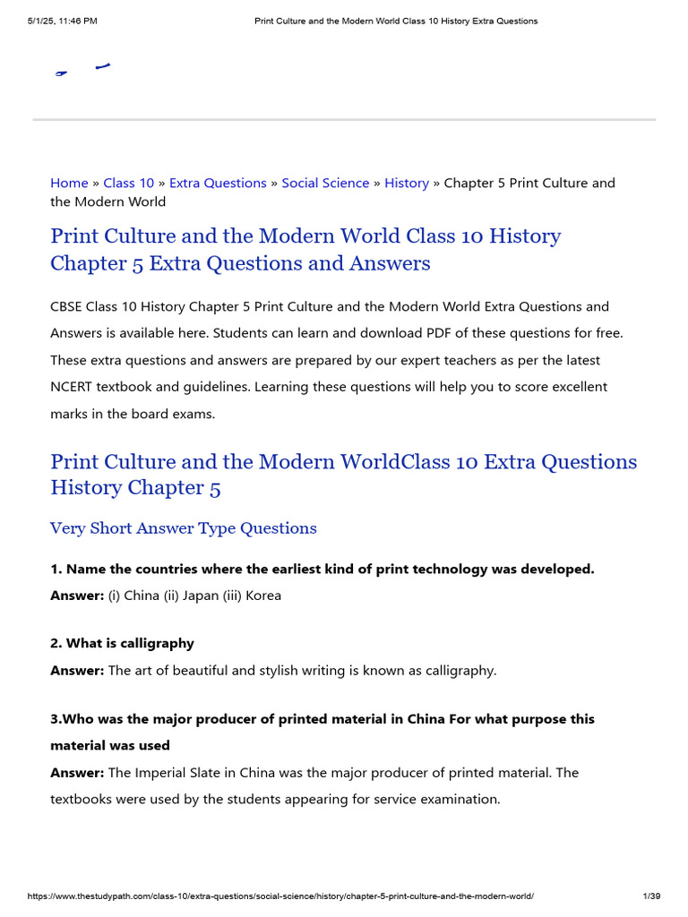 Class 10 Print Culture Q&A Guide | PDF | Printing | Johannes Gutenberg
