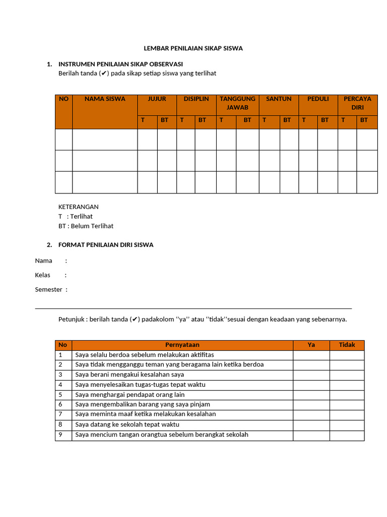 Lembar Penilaian Sikap Siswa | PDF