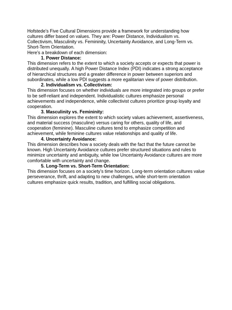 Hofstede Dimension Model | PDF | Social Psychology | Behavioural Sciences