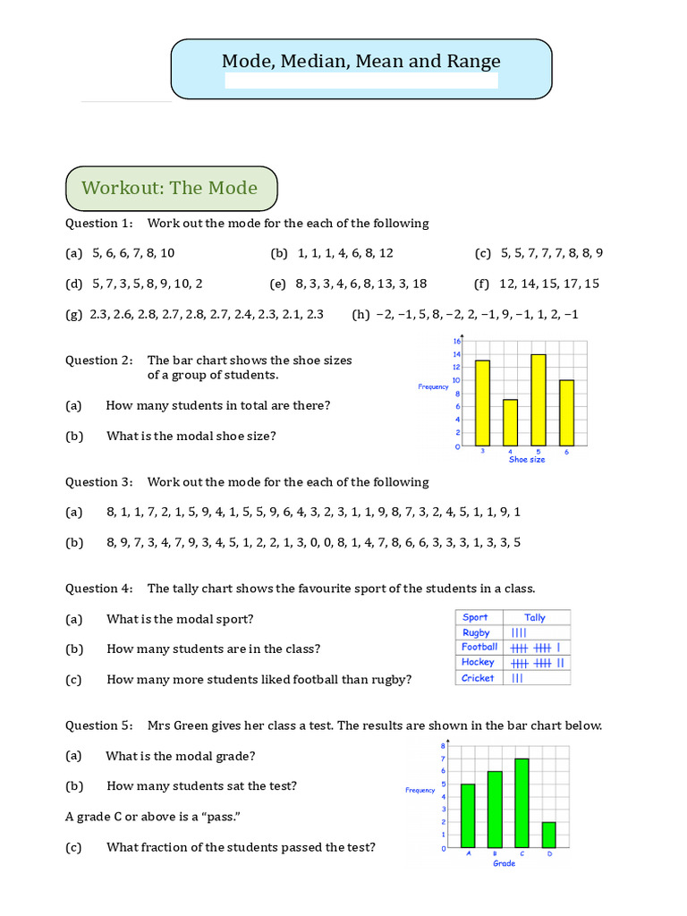 Mode, Median, Mean & Range Exercises | PDF | Mean | Arithmetic