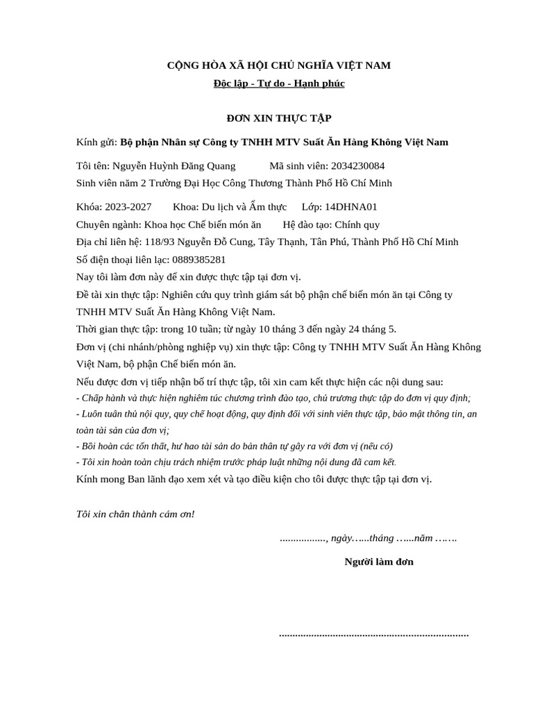 Mau Don Xin Thuc Tap Thu Nhat | PDF