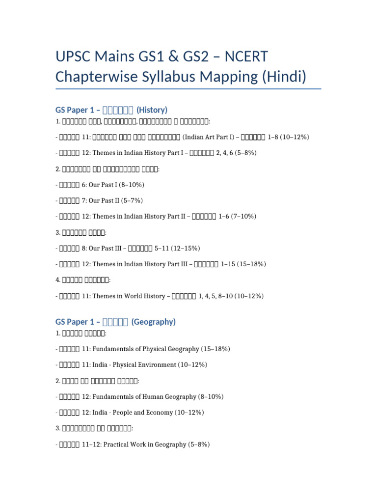 Upsc Gs1 Ncert Syllabus Hindi | PDF