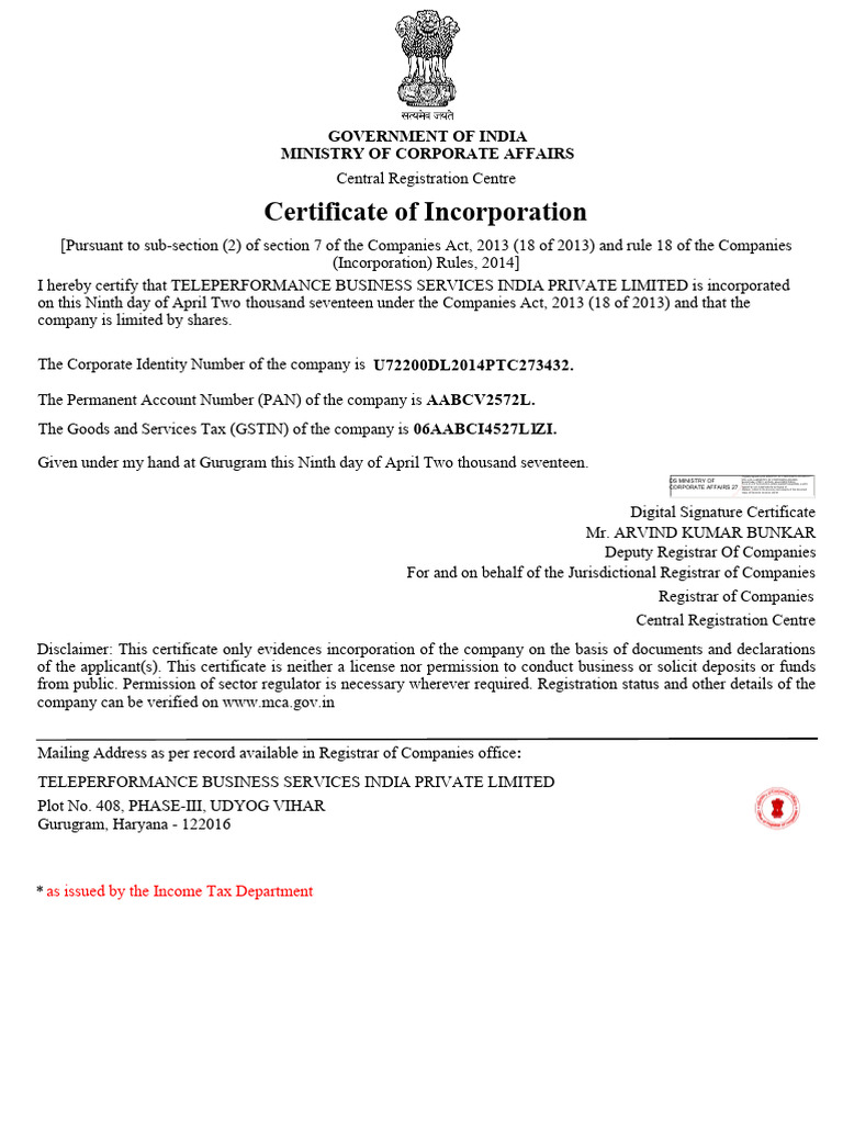 Teleperformance Incorporation Certificate | PDF