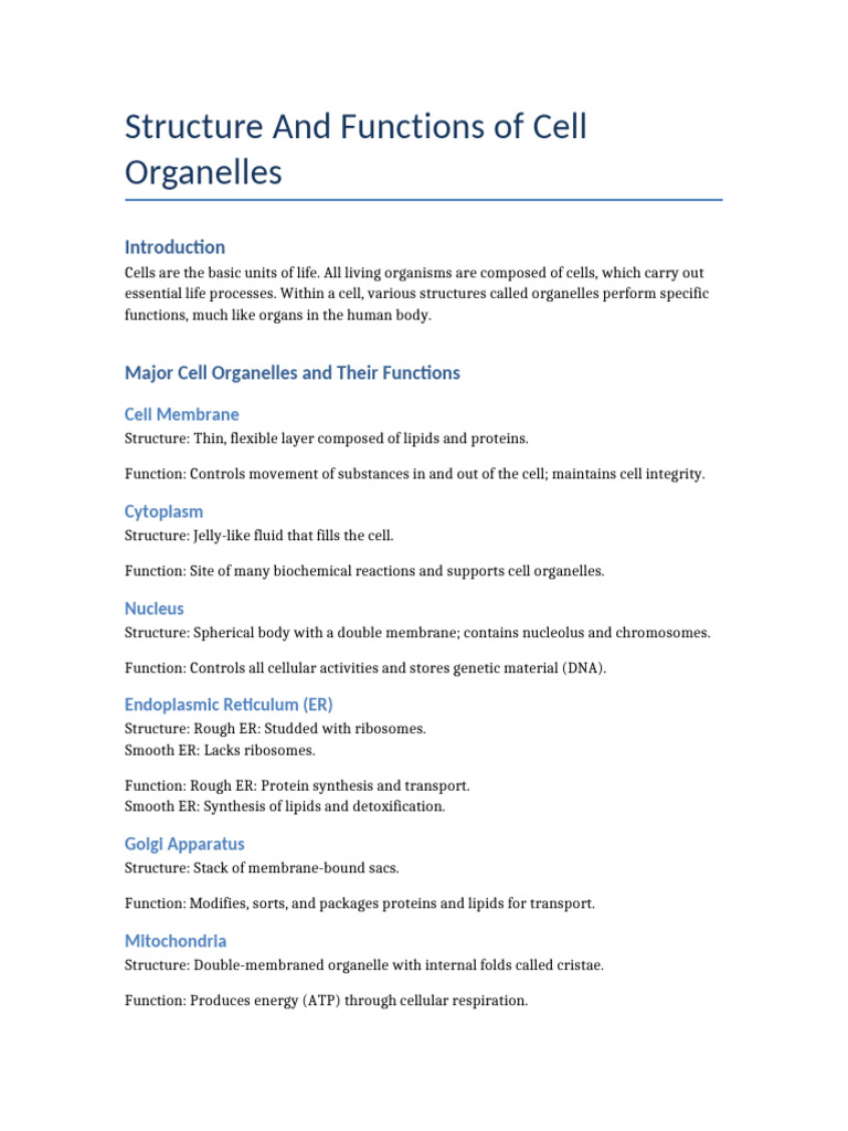 Structure and Functions of Cell Organelles Report | PDF