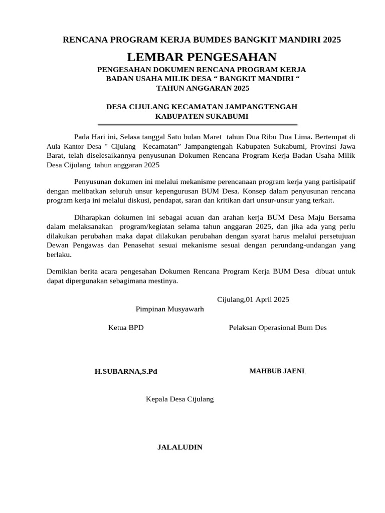 Rencana Program Kerja Bumdes Bangkit Mandiri 2025 | PDF
