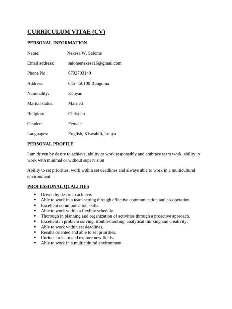 Nekesa Curriculum Vitae-WPS Office | PDF | Transformer | Electricity