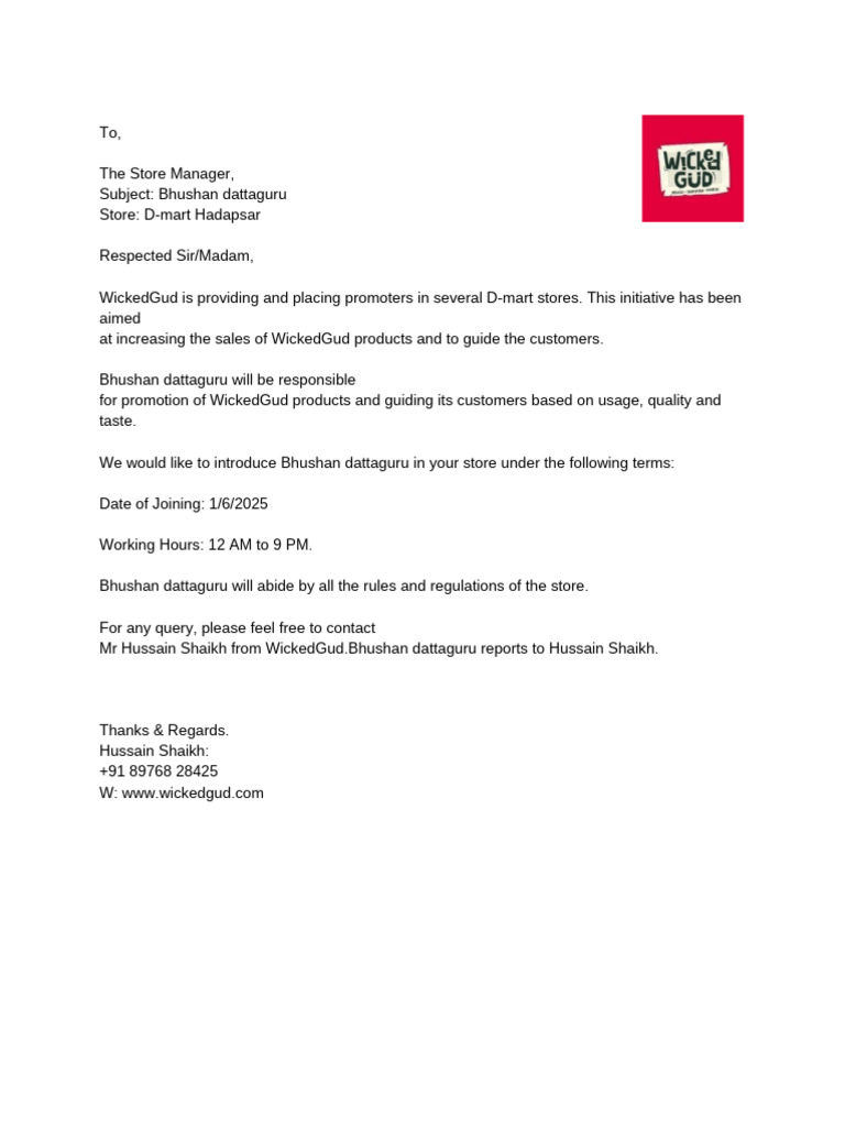 Deputation Letter For Bhushan Dattaguru Dmart Hadapsar | PDF