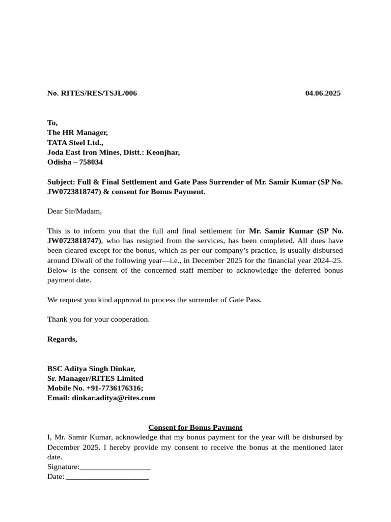 Full Settlement and Bonus Consent for Samir Kumar | PDF