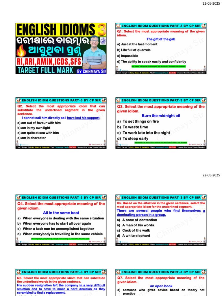 English Idioms Practice Questions | PDF | You Tube
