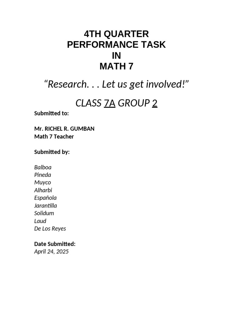 4th Quarter Performance Task in Math 7 by Class 7a Group 2 | PDF | Mathematics | Cognition