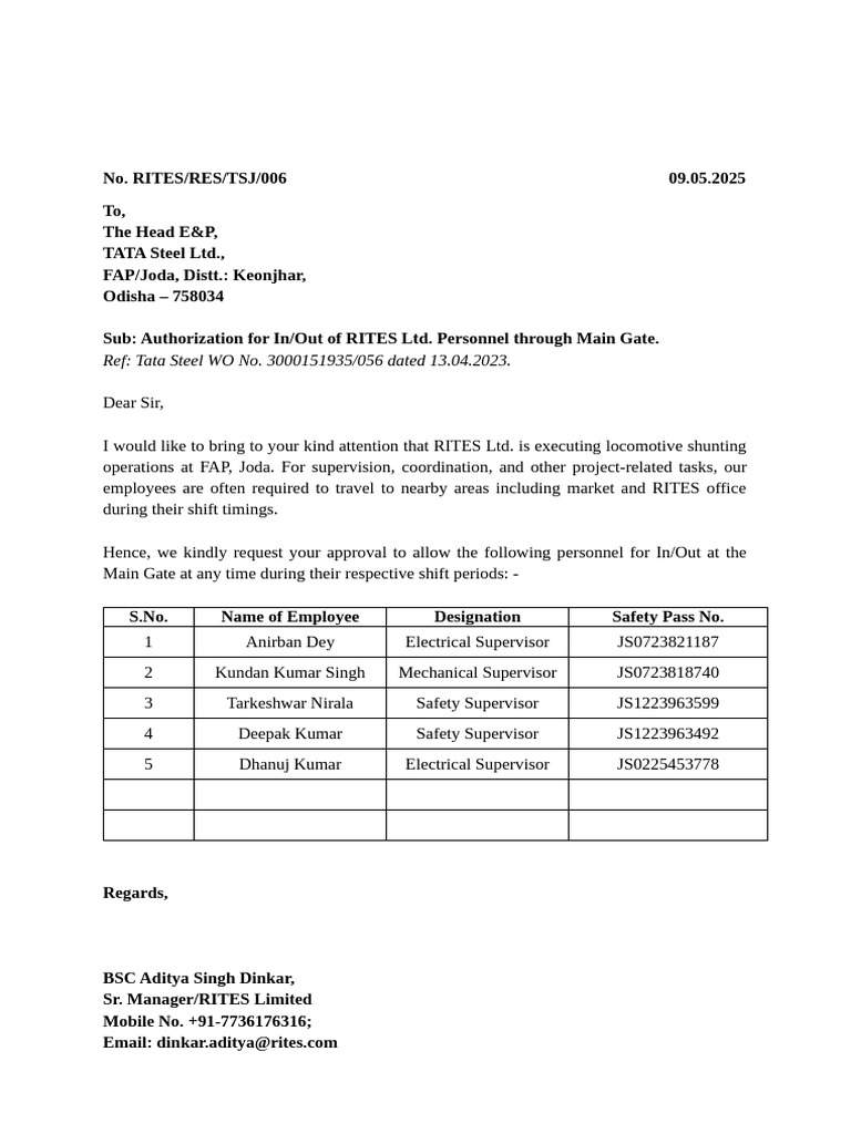 Request To Authorize Peronnel Through Main Gate | PDF