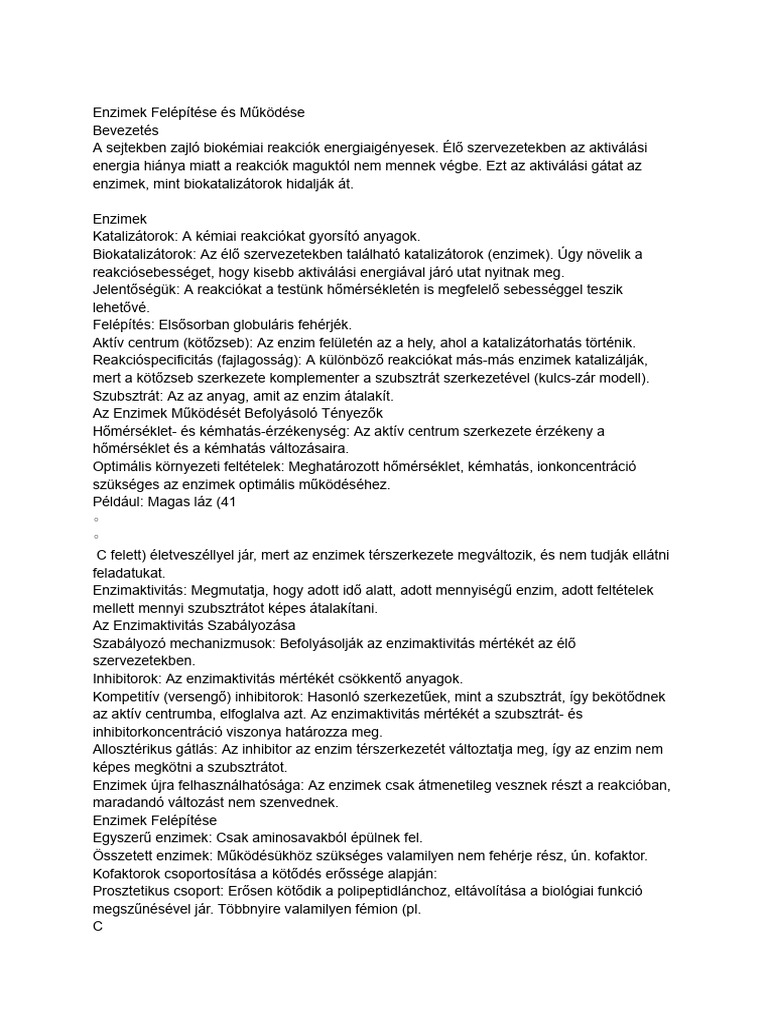 Enzimek Felépítése És Működése | PDF