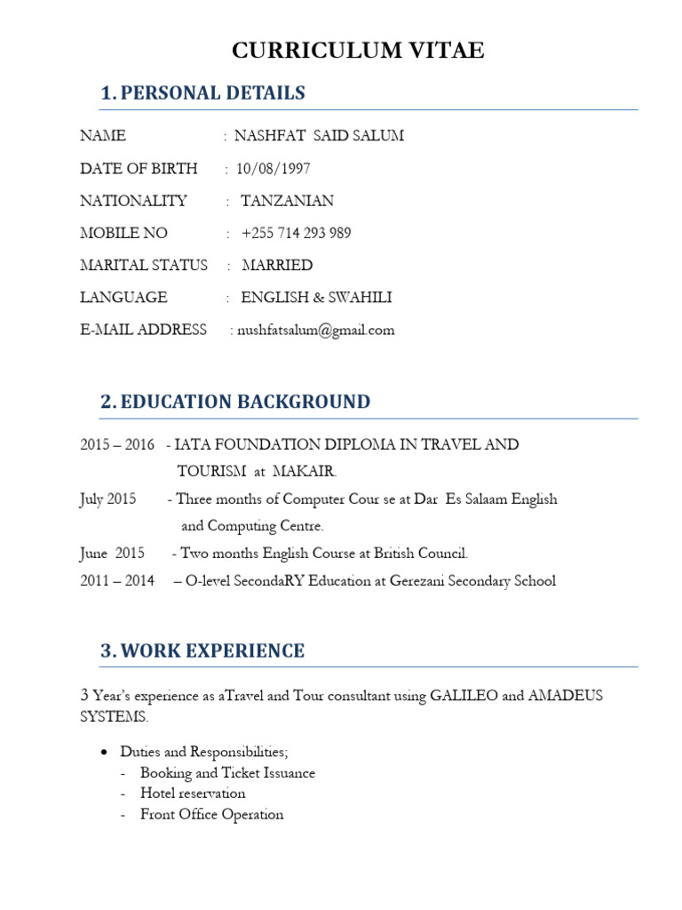 Tanzanian Travel Consultant CV | PDF