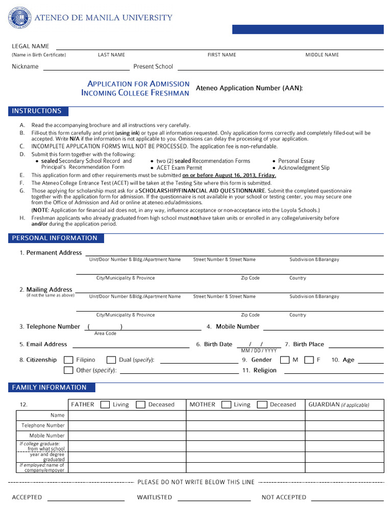 Ateneo Freshman Application Form SY1415 (4-Page Spread) | PDF