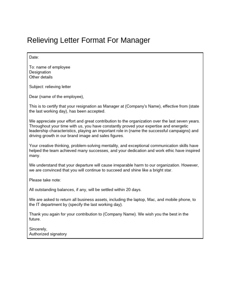 Relieving Letter Format For Manager | PDF