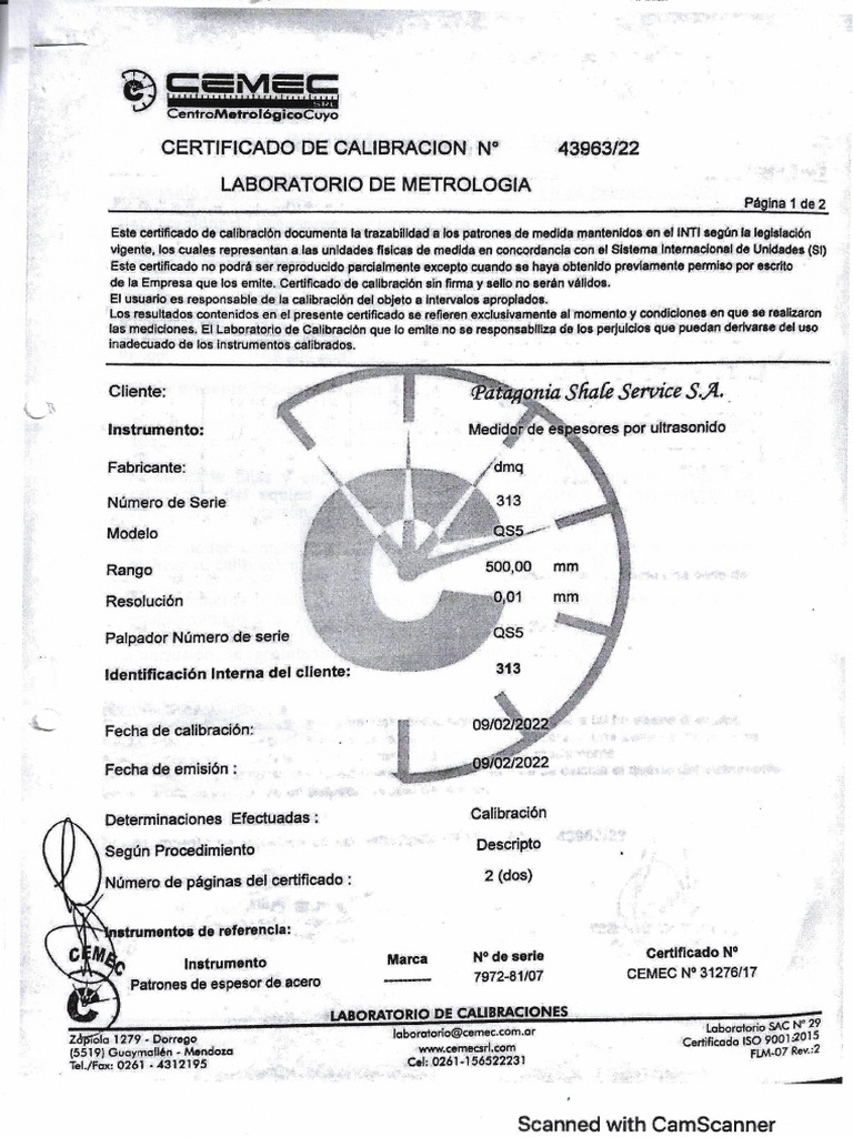 Certificado Calibración MEDIDOR DE ESPESORES POR ULTRASONIDO | PDF