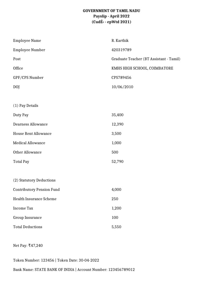 TN Government Employee Payslip April 2022 | PDF