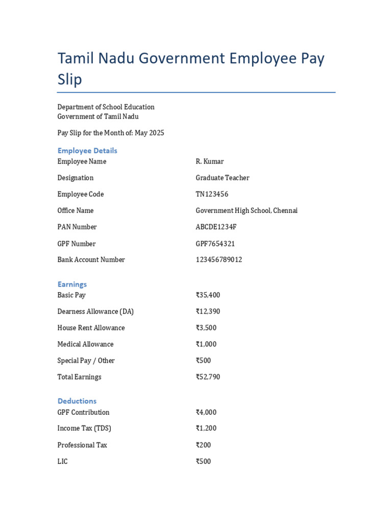 Tamil Nadu Teacher Pay Slip May 2025 | PDF