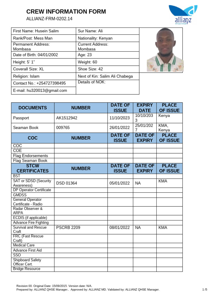 Allianz-Frm-0202.14 Crew Information Form (Cif) Husein Salim Ali | PDF