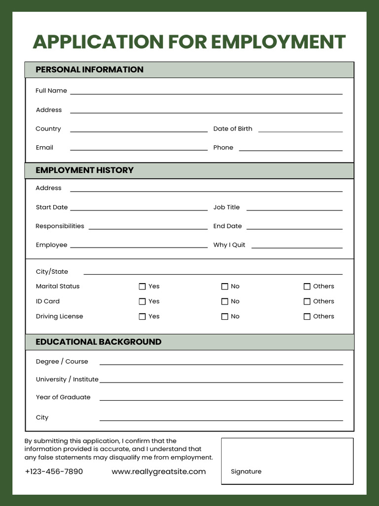 Green and White Minimalist Employment Application Form A4 Document | PDF