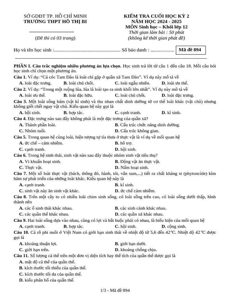 Sinh12 - Tùng CK2 2425 Đề 894 | PDF