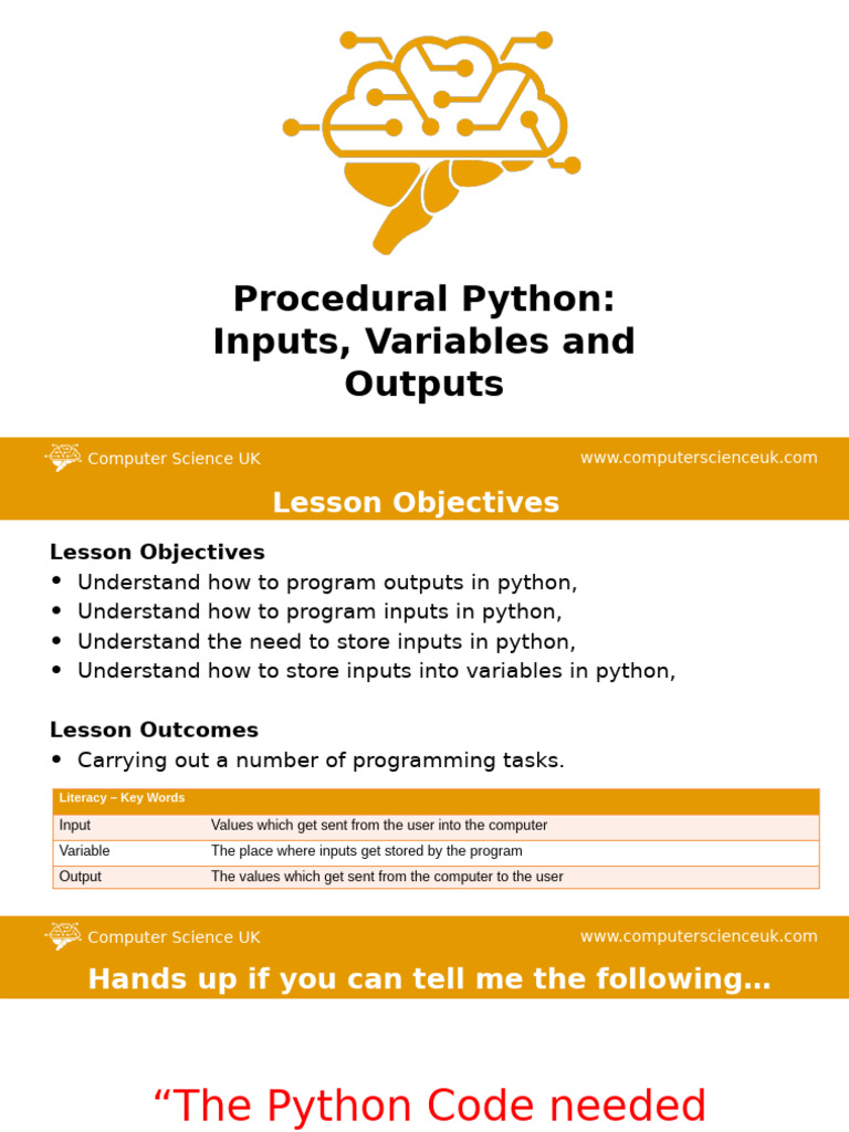 01 Inputs, Variables and Outputs - Procedural Python | PDF | Input/Output | Python (Programming ...