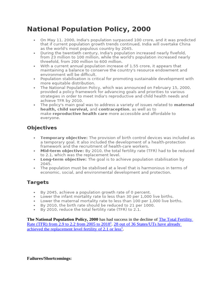 National Population Policy Overview | PDF | Millennium Development ...