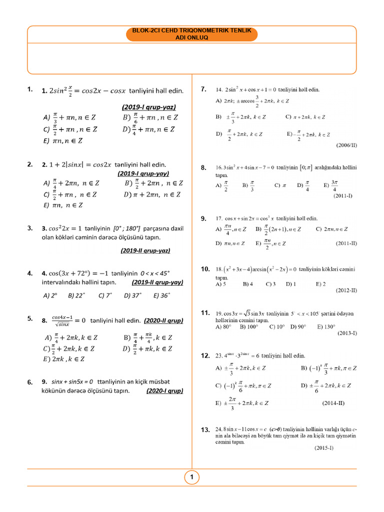 Blok-2ci Cehd Triqonometrik Tenlik Adi Onluq | PDF