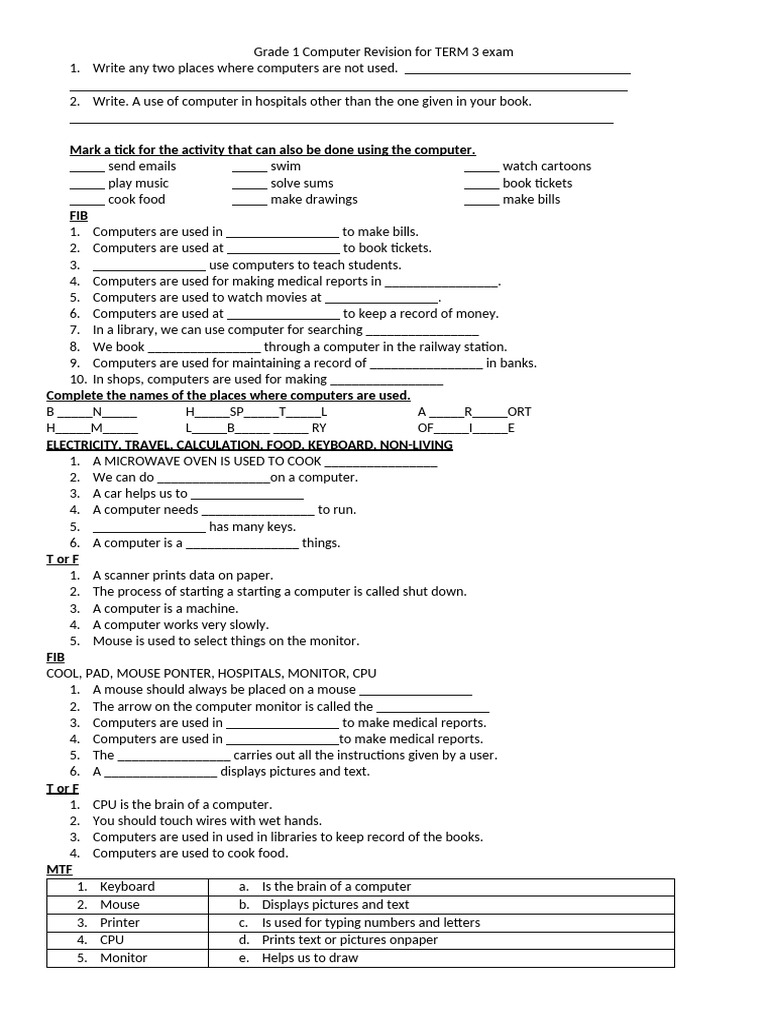 Grade 1 Computer Revision For TERM 3 Exam | PDF | Computer Keyboard ...