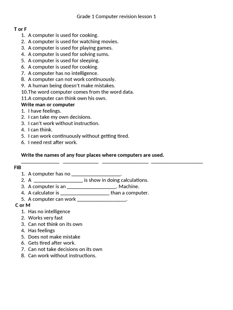 Grade 1 Computer Basics Revision Quiz | PDF