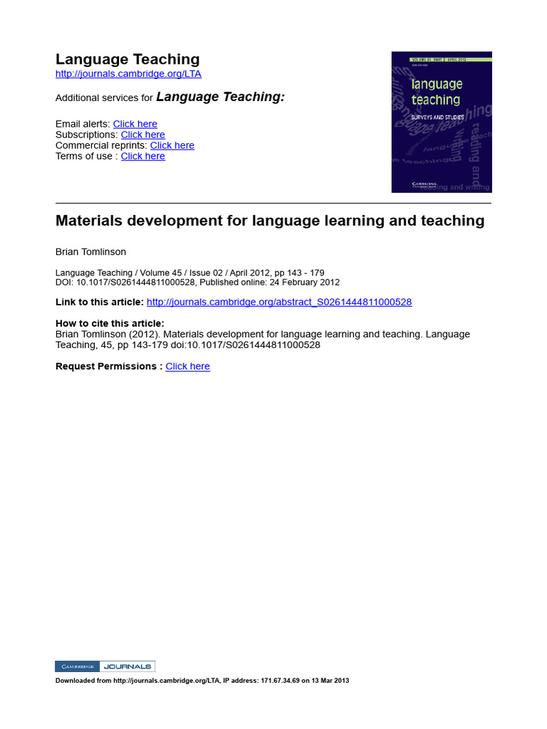 Materials Development For Language Learning and Teaching | PDF ...