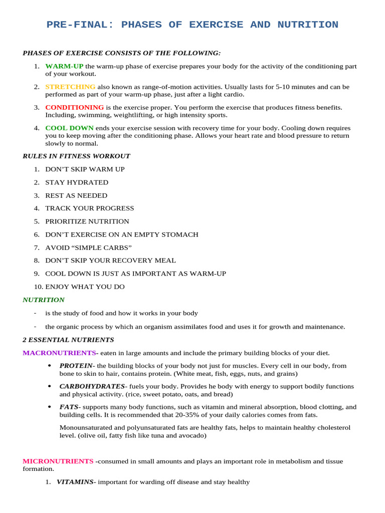 PHASES OF EXERCISE and NUTRITION | PDF | Nutrition | Diet & Nutrition
