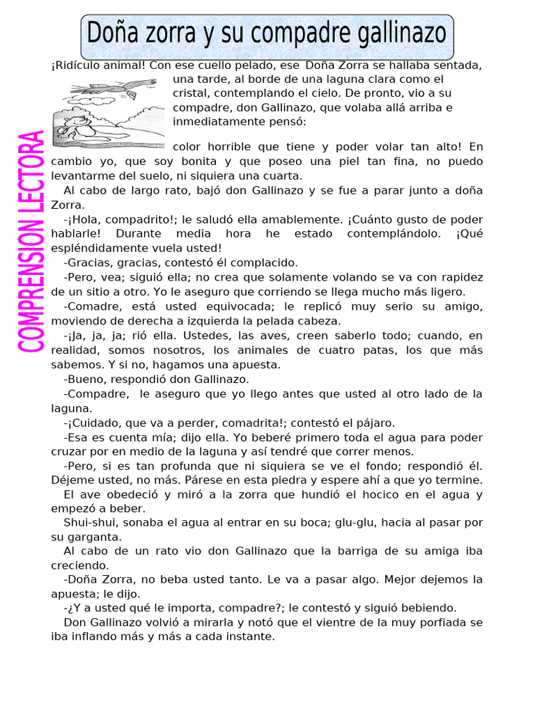 Comprensión Lectora: Doña Zorra y Don Gallinazo | PDF