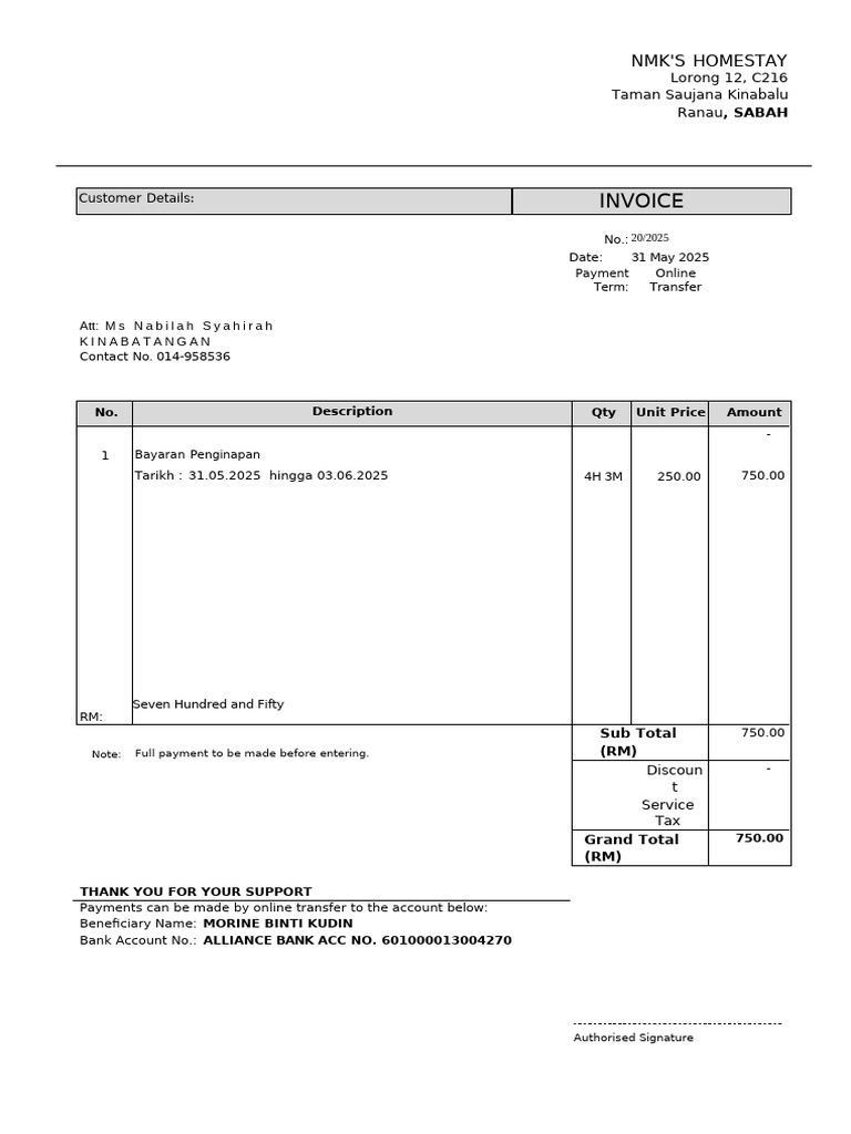 Invoice: NMK'S Homestay | PDF