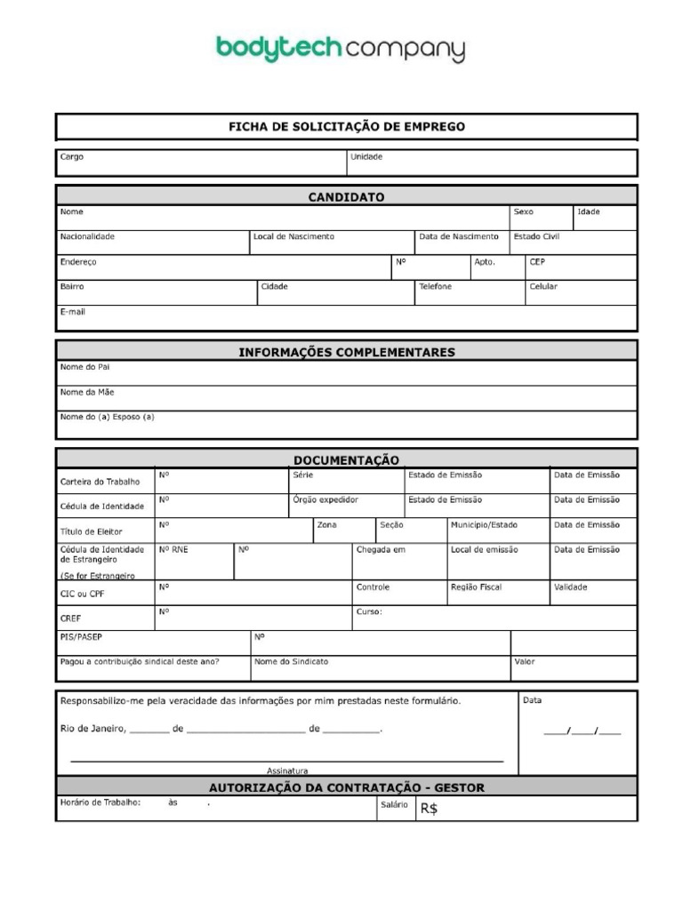 Ficha de Solicitação de Emprego Bodytech | PDF | Governo e ...
