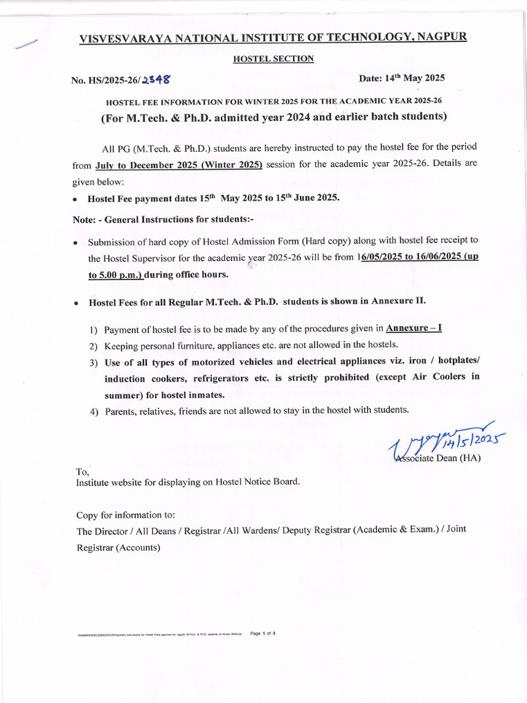 Mtech and PHD Hostel Fee Instructions For Winter 2025 | PDF