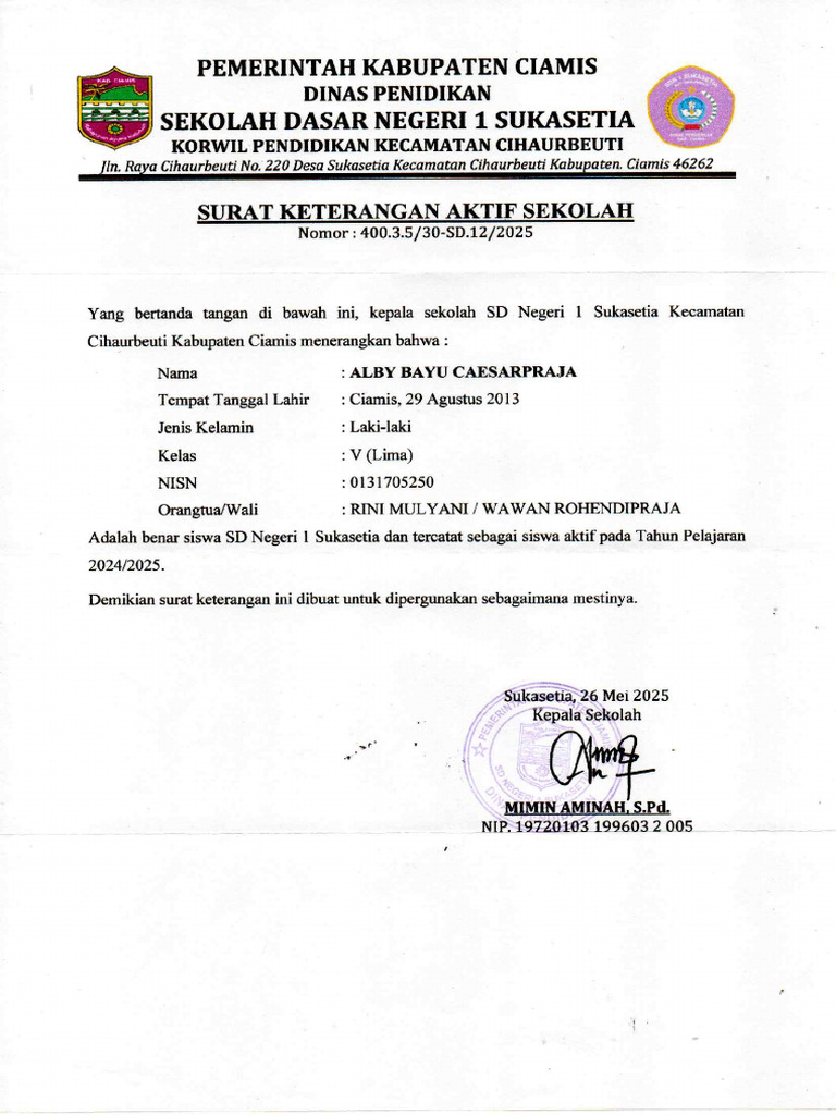 Surat Keterangan Aktif Sekolah | PDF