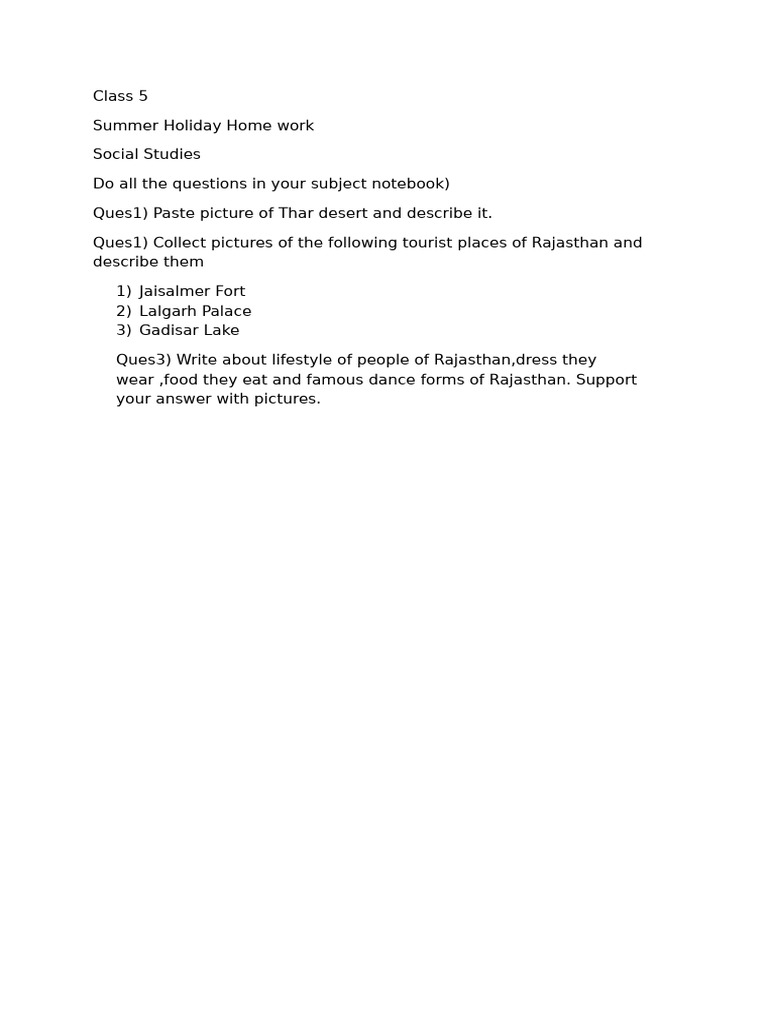 Class 5 SST Holiday Homework Guide | PDF