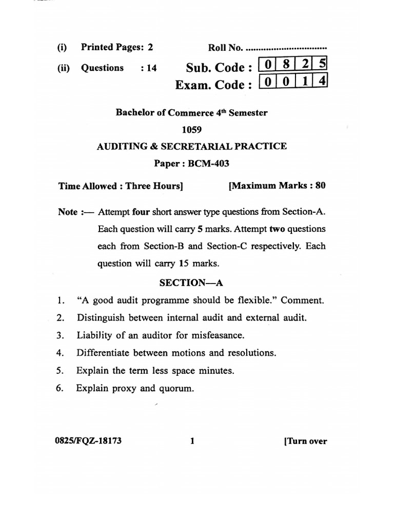 4th Sem Auditing Secretarial Practice BCM-403 May 2019 | PDF